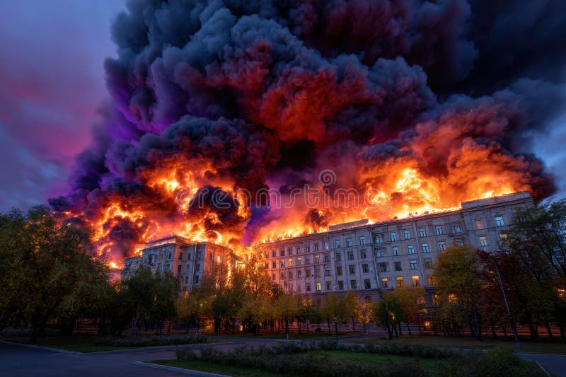 Massive Fire Engulfs Building with Thick Smoke and Vibrant Flames ...