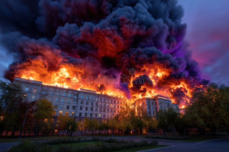 Massive Fire Engulfs Building with Thick Smoke and Vibrant Flames ...