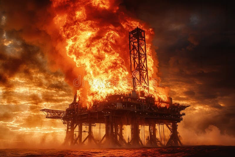 Massive Fire Engulfs Offshore Oil Rig at Sunset in Dramatic Ocean Scene ...