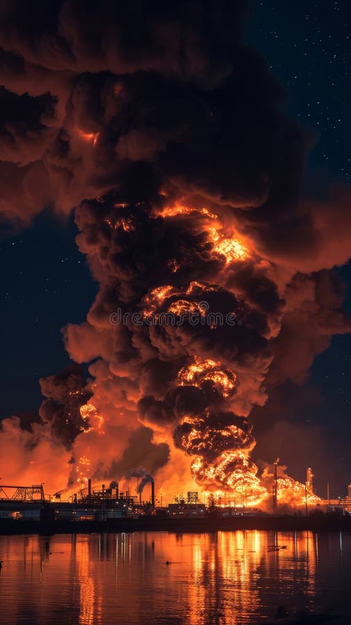 Massive Fire at Industrial Facility at Night with Dark Smoke ...