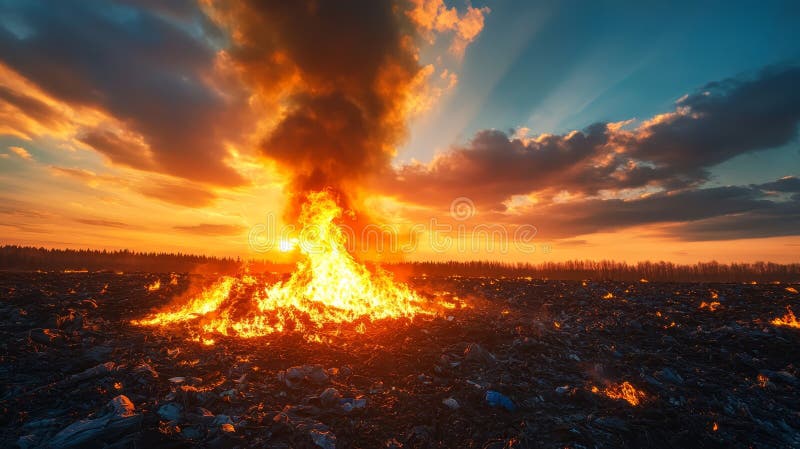 Massive Fire in Landfill at Sunset Stock Illustration - Illustration of ...
