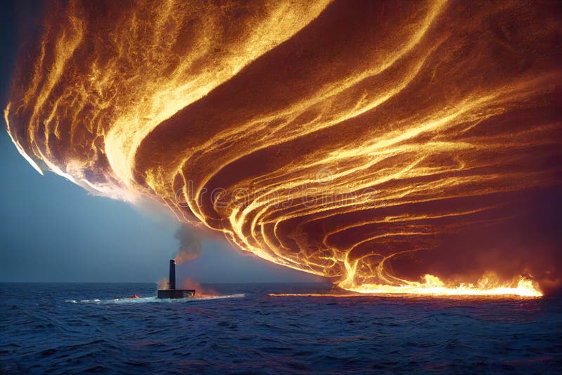 A Massive Fire Tornado Over an Oil Spill Stock Illustration ...