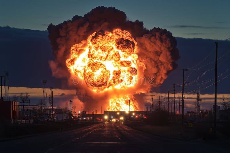 Massive Fireball Engulfs Industrial Area at Twilight, Creating a ...