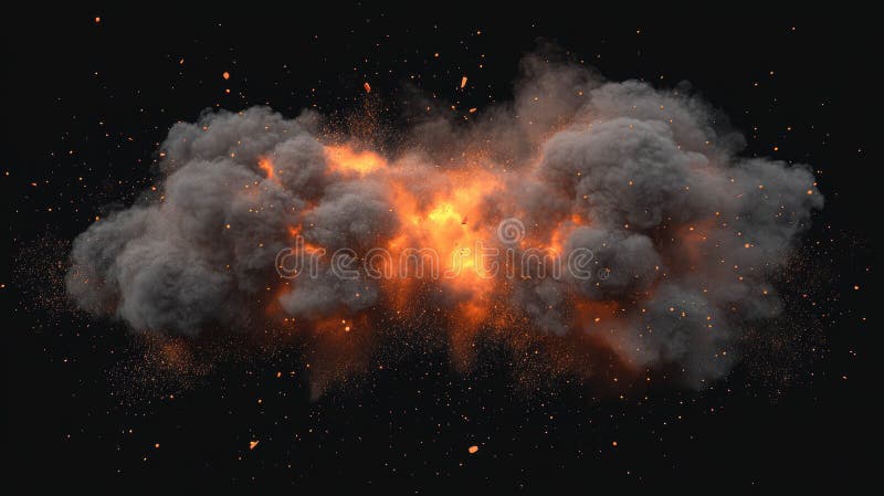 Massive Fireball Explosion with Thick Smoke and Flying Debris Stock ...