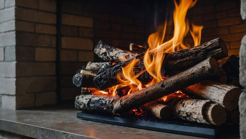 Massive Fireplace with Burning Logs Inside. Interior Design Concept ...