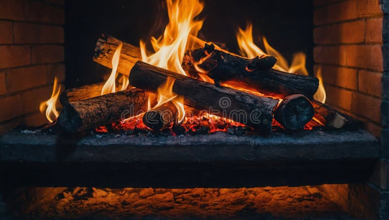 Massive Fireplace with Burning Logs Inside. Interior Design Concept ...