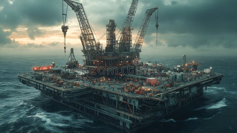 Massive Floating Construction Platform in Vast Open Ocean with Towering ...