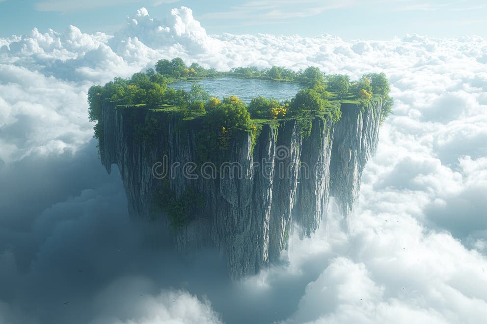 Massive Floating Island with Towering Cliffs and Lush Greenery Above ...