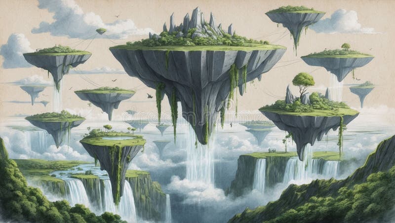 Massive Floating Islands Connected by Waterfalls and Lush Greenery ...