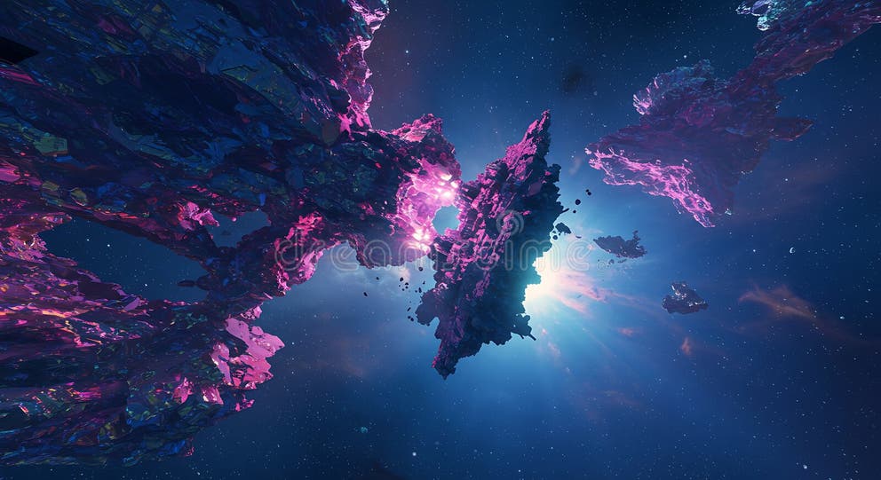 Massive Floating Rock Formations Hover in a Cosmic Setting, Surrounded ...