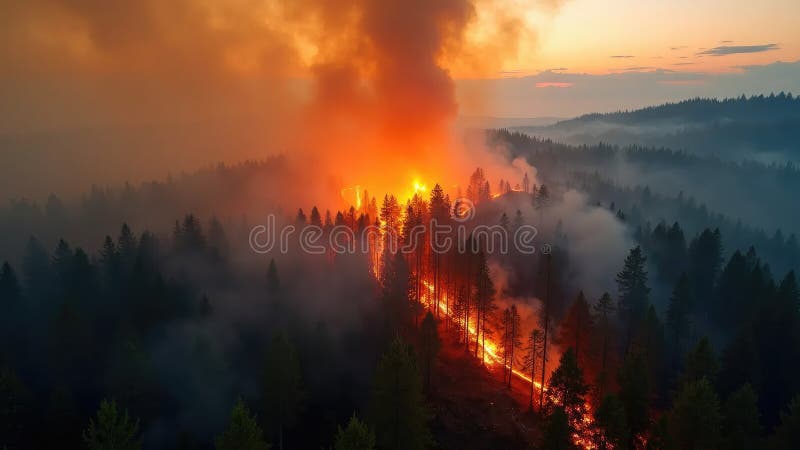 Massive Forest Fire with Smoke Clouds and Glowing Flames Spreading ...