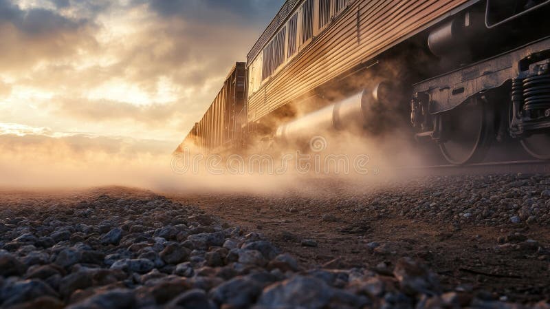 Massive Freight Train Cuts through Thick Fog a Low Angle Perspective of ...