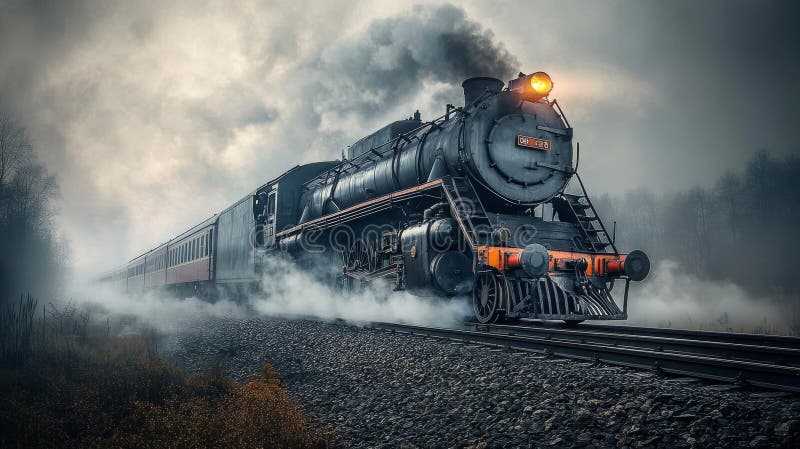 Massive Freight Train Emerges from Dense Fog on Elevated Stone Railbed ...