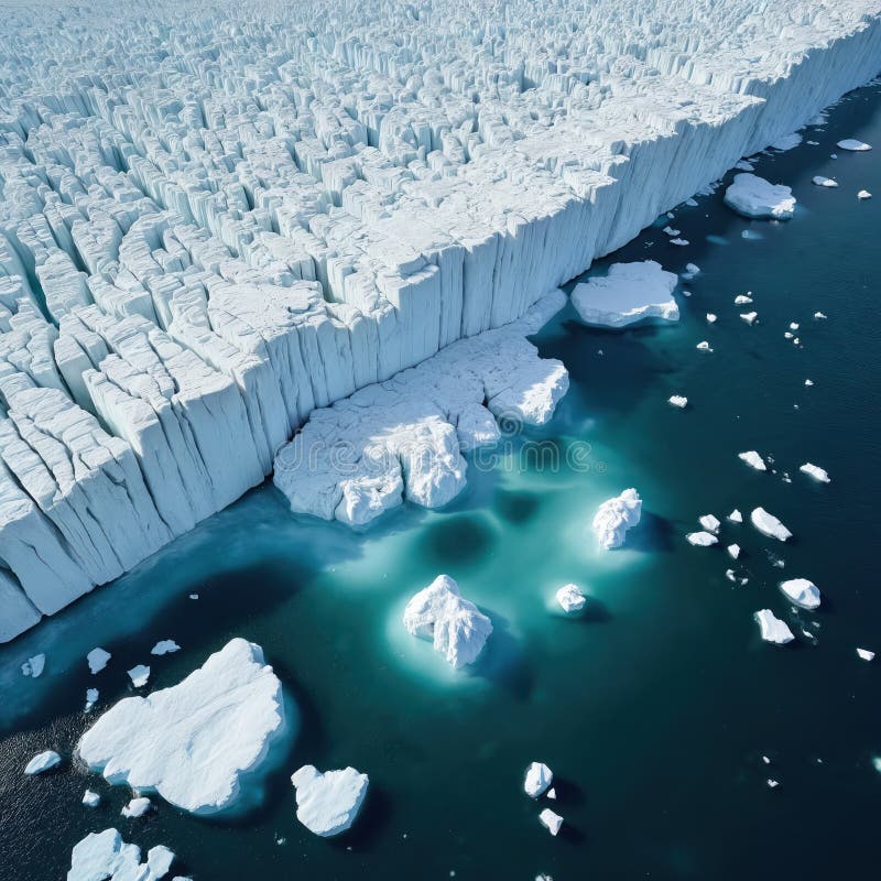 Massive Glacier Edge Melts Dramatically into Dark Blue Ocean. Many ...