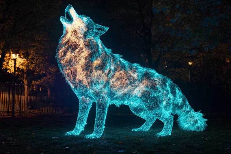 Massive Glowing Wolf Howling into the Night Under a Starry Sky ...