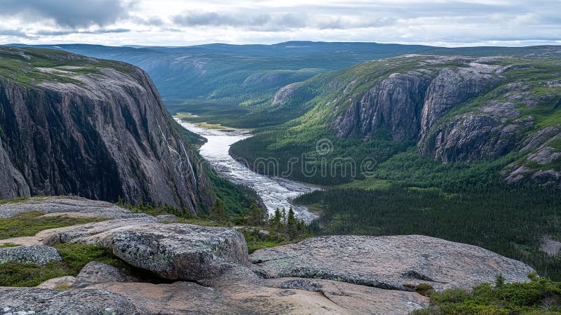 A Massive Granite Mountain with a Rushing River Stock Illustration ...