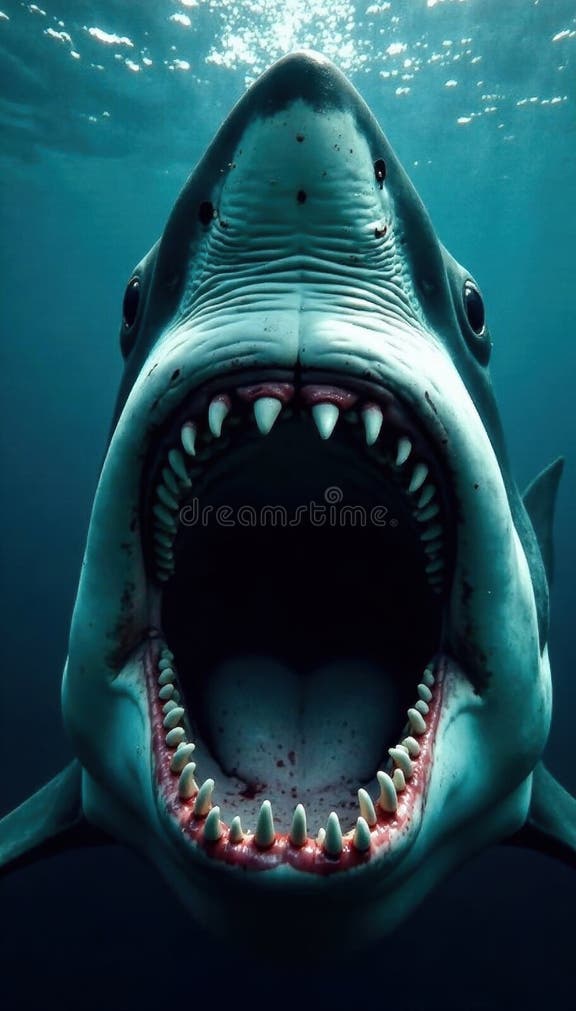 Massive Great White Jaws, Teeth Bared, Underwater Close Up, Powerful ...