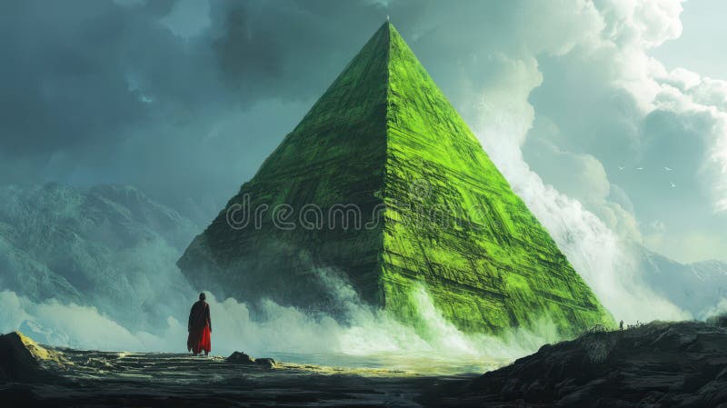 Massive Green-covered Pyramid Towering before Lone Traveler Stock ...