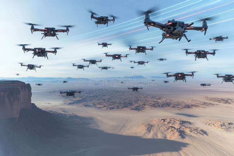 Swarm of Drones Flying Over a Vast Desert Landscape during Daylight ...