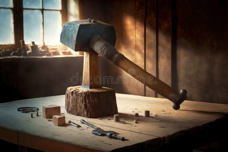 Massive Hammer with Large Handle Lies on Anvil on Wooden Table Stock ...