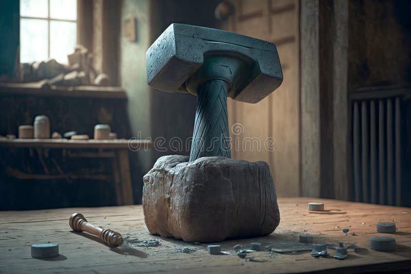Massive Hammer with Large Handle Lies on Anvil on Wooden Table Stock ...