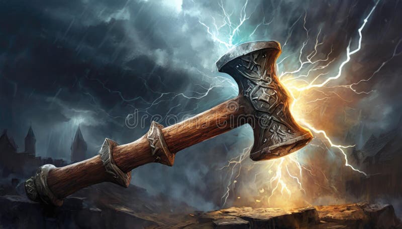 A Massive Hammer with Lightning Bolts Striking it, Depicting a Powerful ...