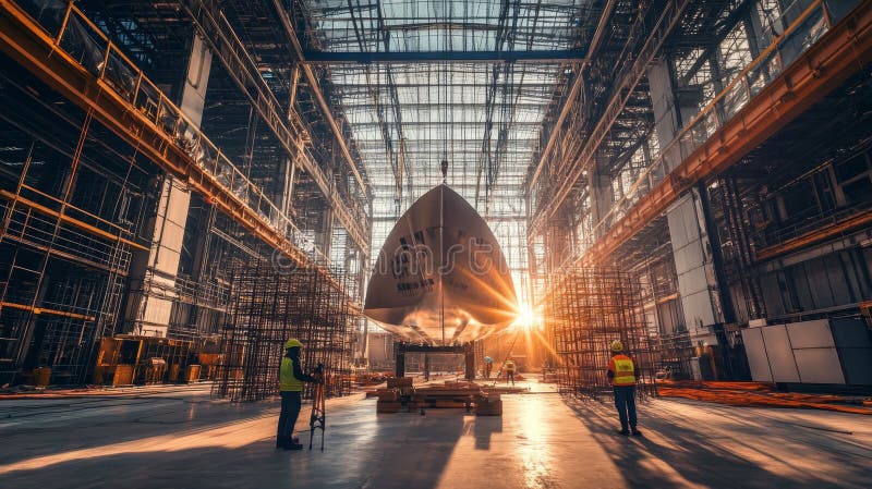 Massive Hangar Construction Underway Workers Maneuvering Steel Beams ...