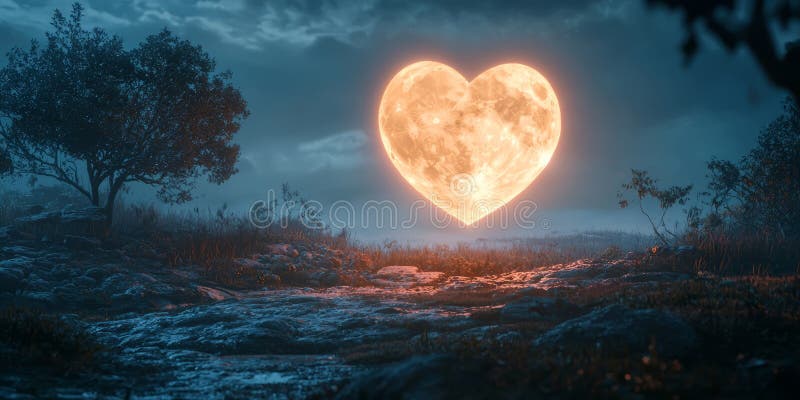 Massive Heart-shaped Moon Glowing Softly Over a Romantic Landscape ...