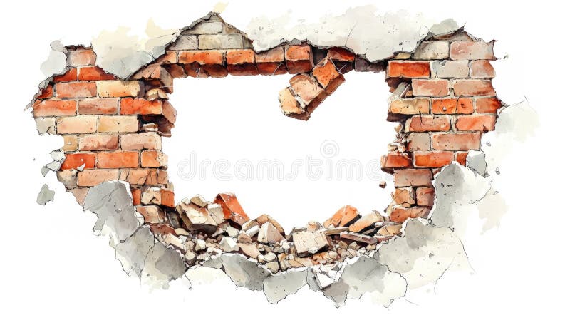 Massive Hole in a Brick Wall with Debris and Small Pieces of Rubble ...