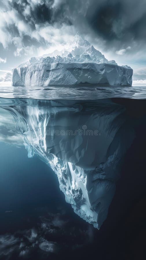 Massive Iceberg Above and Below Water, Dramatic Cloudy Sky Stock Image ...