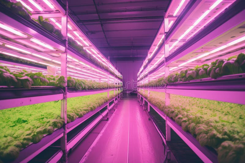 Massive Indoor Farm, with Rows upon Rows of Crops Growing Under Led ...