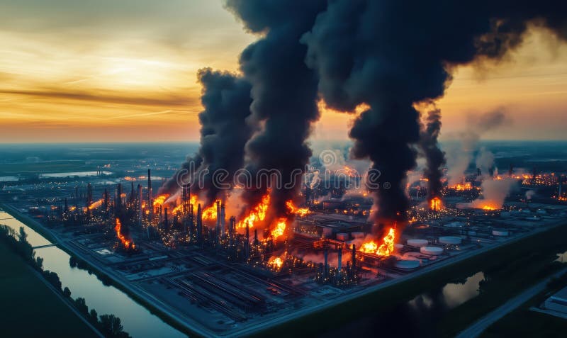 Massive Industrial Fire Engulfing Refinery with Thick Black Smoke and ...