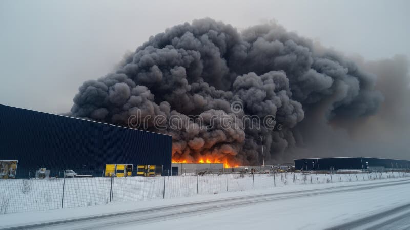 Massive Industrial Fire Erupts with Thick Smoke Over Snowy Industrial ...