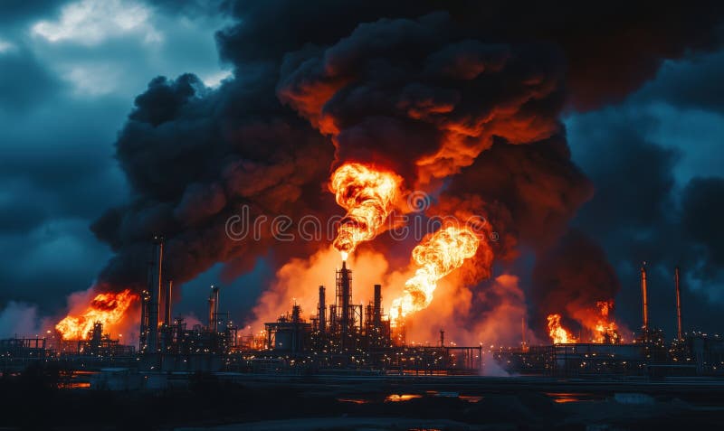 Massive Industrial Fire Oil Refinery Dramatic Flames Smoke Billowing ...