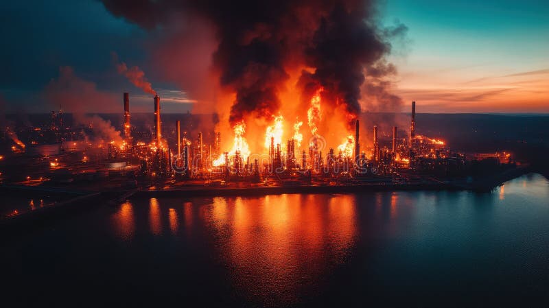 Massive Industrial Fire at Refinery by the Water during Dramatic Sunset ...