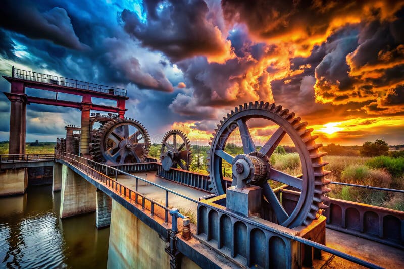 Massive Industrial Floodgate Against a Dramatic Sky a Panoramic View of ...