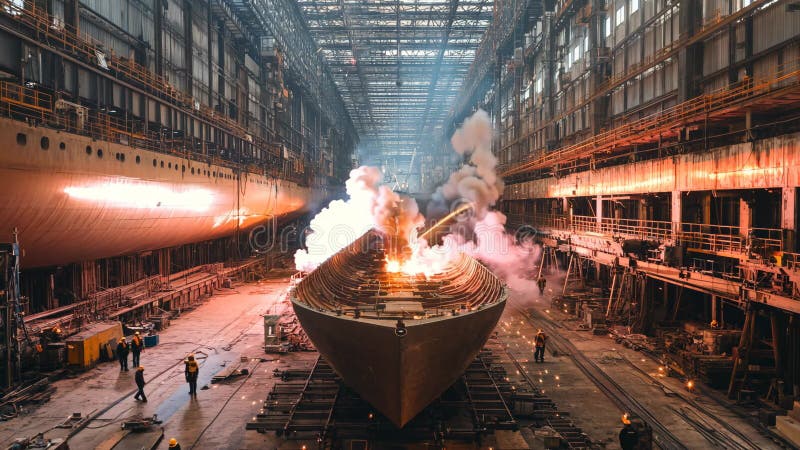 A Massive Industrial Ship Under Construction in a Vast Shipyard, with ...