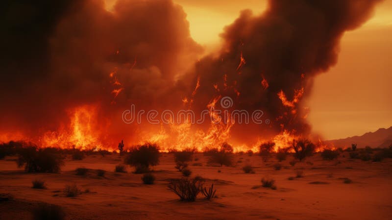 A Massive Inferno Engulfing the Barren Desert Landscape Stock Photo ...