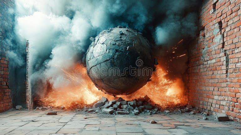 Massive Iron Sphere Crashes through Brick Wall Causing Explosion and Chaos in the Ruined ...