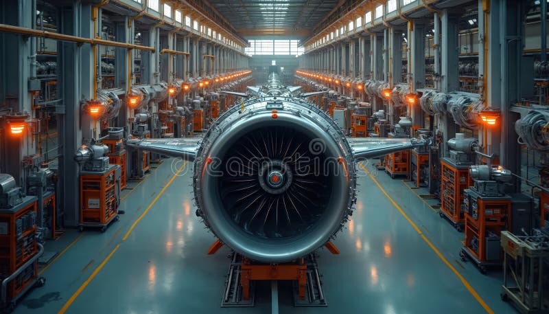 Massive Jet Engine Assembly Line within Futuristic Aerospace Manufacturing Facility. Rows of ...