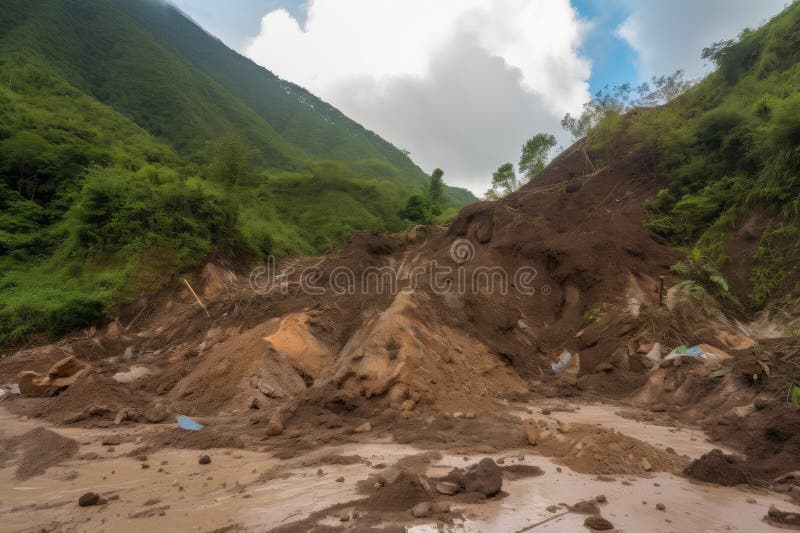 Massive Landslide on a Mountain Slope, with Debris and Mud Flowing Down ...