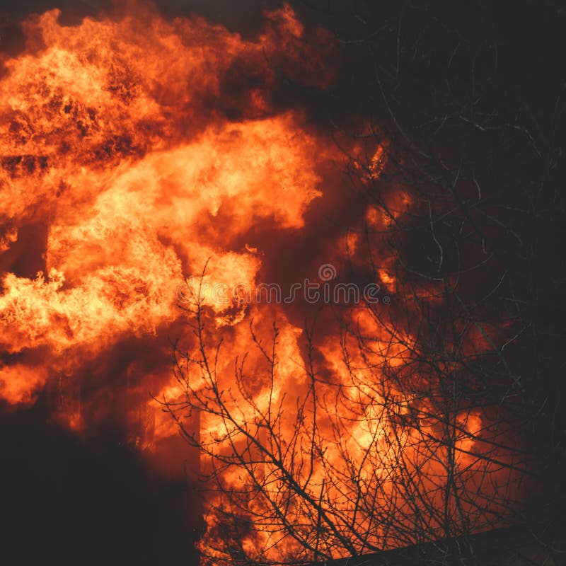 Massive Large Blaze Fire in the City, Brick Factory Building on Fire ...