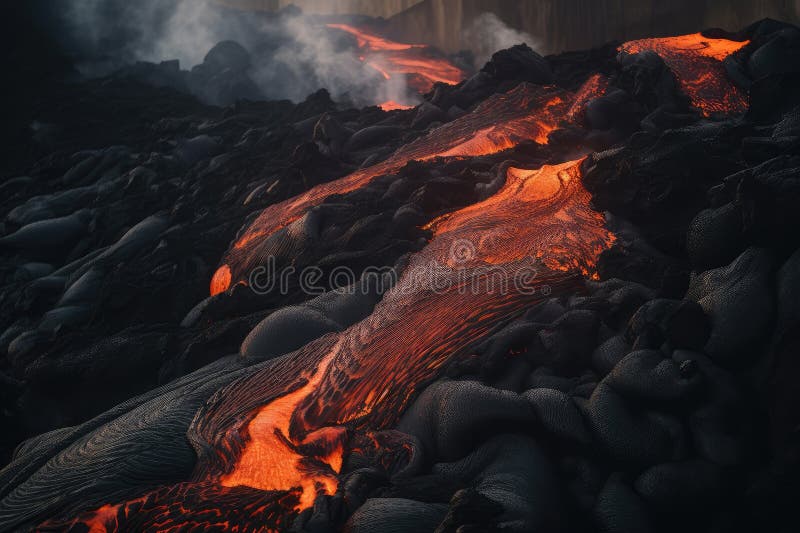 Massive Lava Flow Rolling Down the Side of a Volcano, Engulfing ...