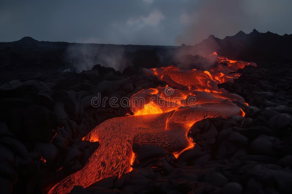 Massive Lava Flow Rolling Down the Side of a Volcano, Engulfing ...