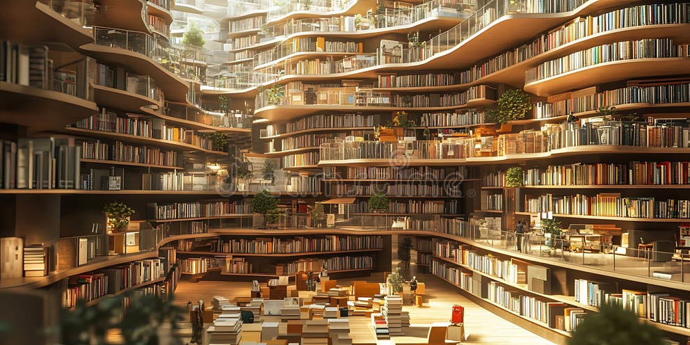 Massive Library Book Stacks Shelves Interior Design Background ...