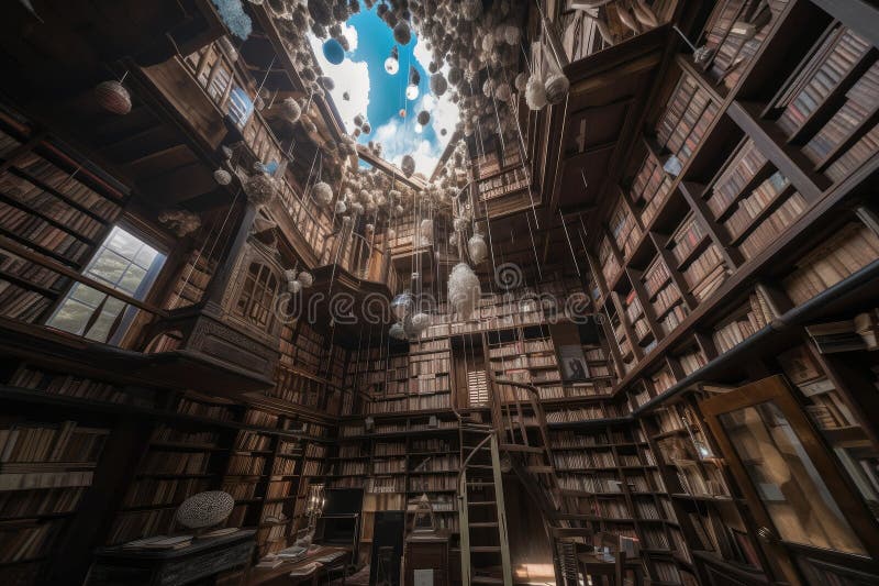 A Massive Library in the Sky, with Books Floating between Shelves Stock ...