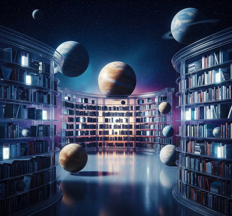 A Massive Library in the Sky, with Books Floating between Shelves Stock ...