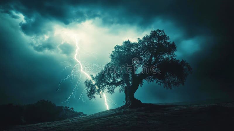 Massive Lightning Strike Illuminates Ancient Tree during Nighttime ...