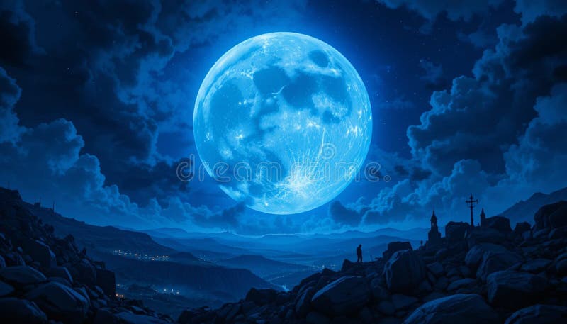 A Massive, Luminous Moon Dominates the Night Sky, Casting a Blue Hue ...