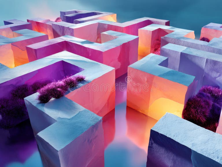 Surreal Maze Blocks with Colorful Illumination and Vegetation on ...